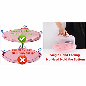 HOYA PONYOO Portable Cake Carrier with Handle, Round Cupcake Holder with Lid, Plastic Storage Container Box fit 10 inch Cake, 3-Locking Muffin and Pies Keeper with Cover (Pink)