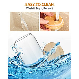 YSJILIDE Glass Cups with Bamboo Lids and Glass Straws 4 Set, 16oz Can Shaped Drinking Glass Cups, Iced Coffee Cup, beer glasses Ideal for cocktails, whisky, juice, DIY, Gifts - 2 Cleaning Brushes