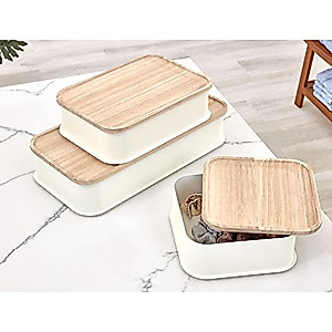 iDesign Recycled Plastic Medium Storage Bin with Paulownia Wood Lid, Coconut