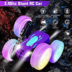 28℃ Remote Control Car for Boys, Drift High Speed RC Cars, 4WD 2.4Ghz Rechargeable RC Truck with Double Sided 360 Flips and Headlights Wheel Lights, Off-Road Stunt Toy Car for Kids Boy Girls (Purple)