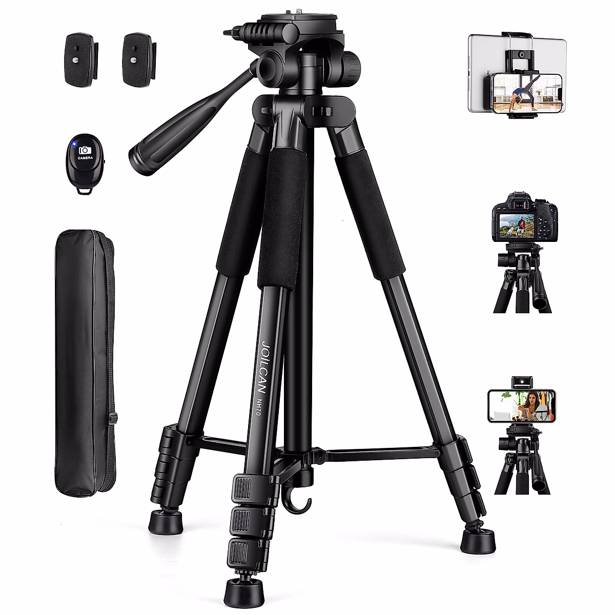 JOILCAN Camera Tripod, Heavy Duty Tripod for Camera, 67" Phone Tripod for Video Recording Photo Vlogging, Aluminum Phone Tripod with Remote & Travel Bag for DSLR Camera Phone Projectors Lasers
