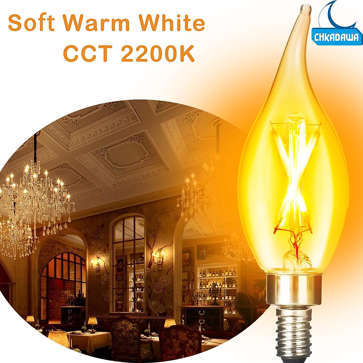 CHKADAWA 12 Pack E12 Dimmable Amber Candelabra Light Bulbs, Flame Tip 40 Watts Equivalent, Chandelier Light Bulbs CA11, Vintage Candle LED Bulb, Warm White 2200K, CRI 90+