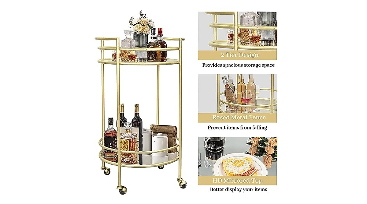 Stylish Gold Bar Cart with Mirrored Shelves for Home & Entertaining