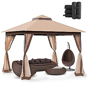 CHARMELEON Gazebo 10x10, Outdoor Gazebo with 4 Sandbags, Double Vented Roof Gazebo with Screen Netting Walls, Waterproof Patio Canopy for Deck, Party & Backyard (Khaki)