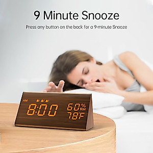 JALL Digital Alarm Clock, with Wooden Electronic LED Time Display, 3 Alarm Settings, Humidity & Temperature Detect, Wood Made Electric Clocks for Bedroom, Bedside (Brown)