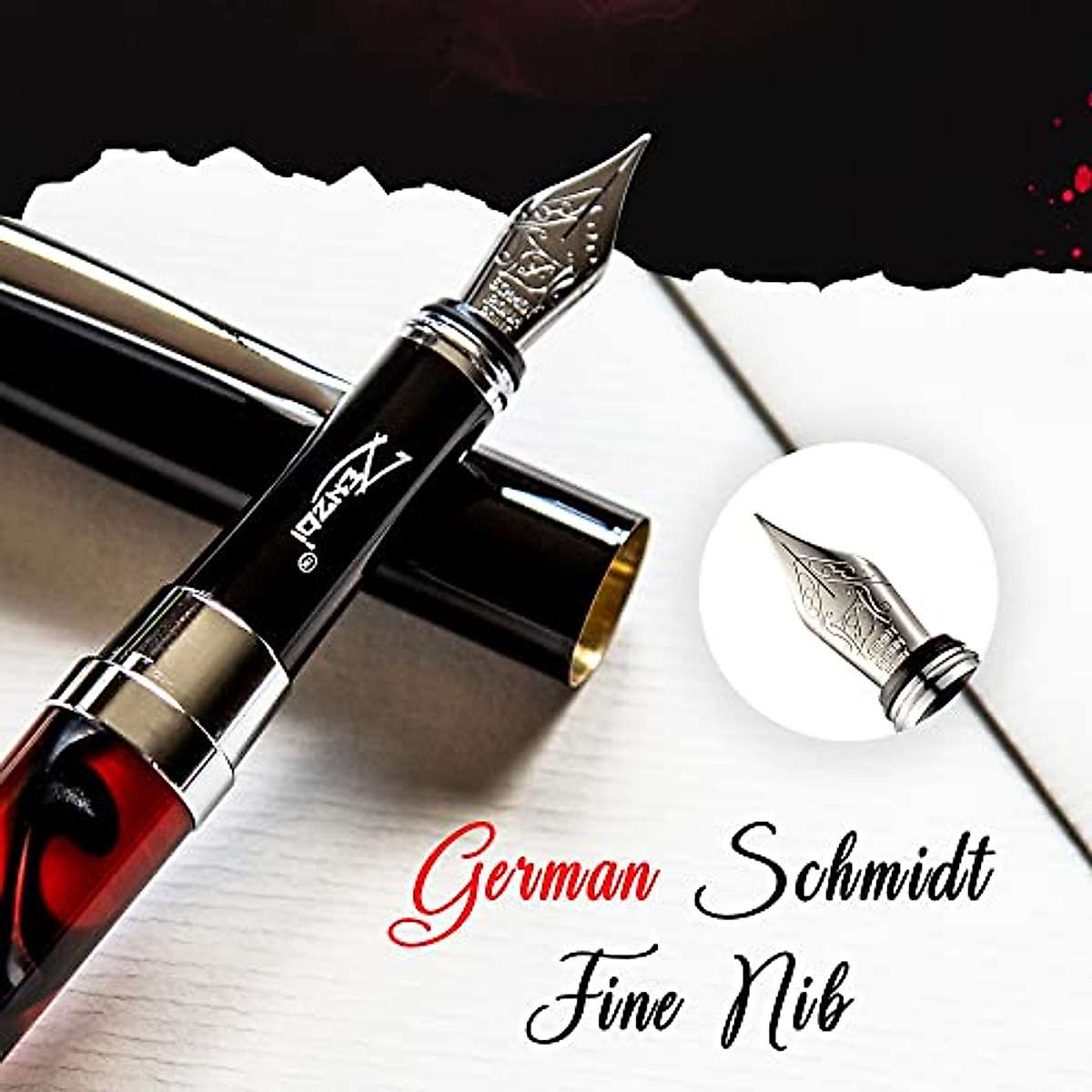 ZenZoi Black Fountain Pen Fine Nib - Beautiful Luxury Pen For Men Or Women With German Schmidt Nib, Converter, 2 Ink Refills (Blue & Black) & Pen Gift Box. Nice, Executive Pens For Smooth Writing