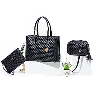 LOVEVOOK Purses for Women, Quilted Womens Handbags and Purses Set with Vegan Leather, Fashion Tote Purse with Top Handle, Satchel Shoulder Bag with Top Zipper, 3pcs, Black