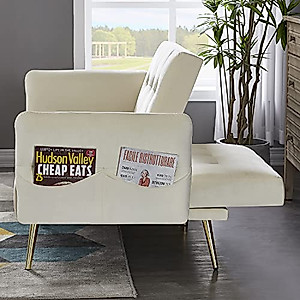 Majnesvon Modern Sofa Bed with Convertible Backrest, Convertible Armrests and Storage Pocket for Living Room, Bedroom, Office, Velvet Material (Beige)