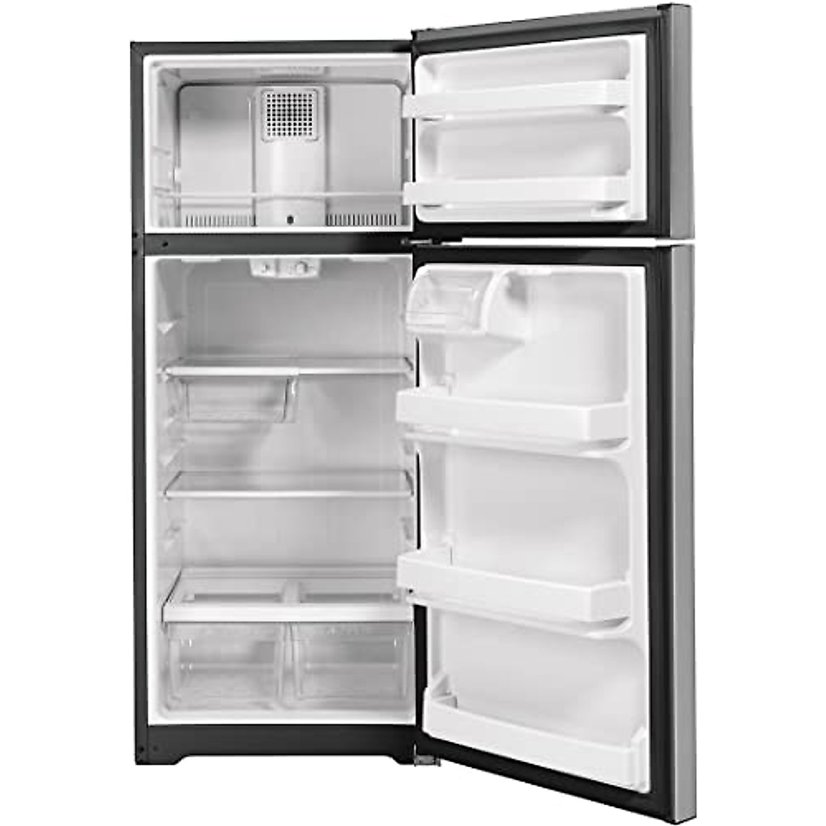 GE GTE18GSNRSS 28 Energy Star Qualified Top Freezer Refrigerator with 17.52 cu. ft. Capacity LED Lighting Adjustable Glass Shelves and Upfront Temperature Controls in Stainless Steel