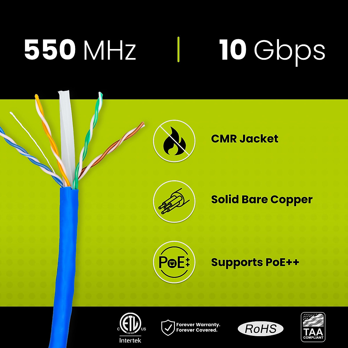 TRUE CABLE Cat6 Riser (CMR), 1000ft, Blue, 23AWG 4 Pair Solid Bare Copper, 550MHz, ETL Listed, Unshielded Twisted Pair (UTP), Bulk Ethernet Cable