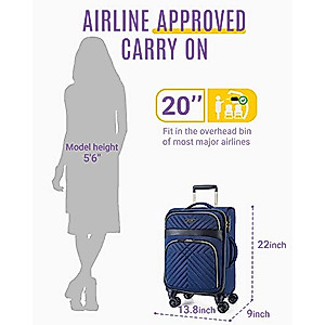 LIGHT FLIGHT Carry On Luggage Airline Approved, Softside Suitcase with Spinner Wheels 20 Inch Small Lightweight Carry-on Luggage with Front Pockets, Women Men Business Travel Blue
