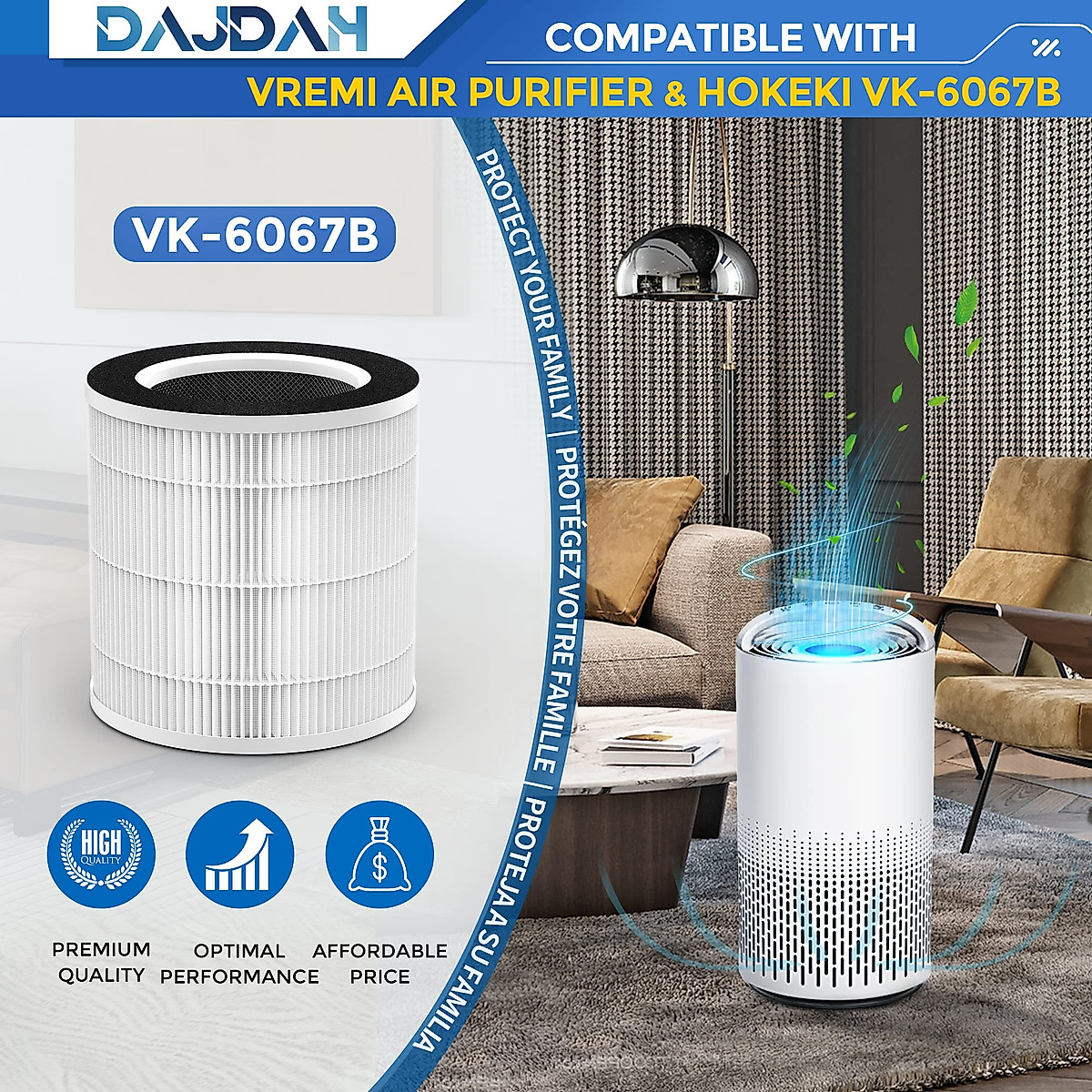 VK-6067B Filter Compatible with Vremi Air Purifier Filter Replacement and Hokeki Air Purifier Filter Replacement for VK-6067B H13 True HEPA Air Purifier including Vremi Hokeki Honkeeki Toyuugo, 2-Pack