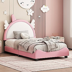 Epinki Cute Twin Size Upholstered Bed with Headboard, Platform Bed with Headboard and Footboard, White Pink, Kids Bed