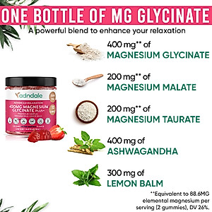 90 CT Magnesium Glycinate Gummies 400 mg/Serv - with Ashwagandha, Magnesium Malate & Taurate - Sugar Free Chews for Adults & Kids Relaxation, Stress Relief, Night Rest, Muscle & Cardio Support