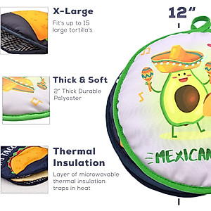 Microwaveable X-Large Tortilla Warmer Pouch 2 Pack - 2 Fun Designs "Taco Time" & "Mexican Food" to make taco night special. 12 Inch in Diameter Microwave Corn or Flour Tortillas, Pizza, Naan Bread