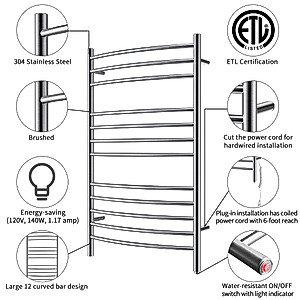HEATGENE Towel Warmer Wall Mount Electric Plug-in/Hardwired Heated Towel Rack Brushed