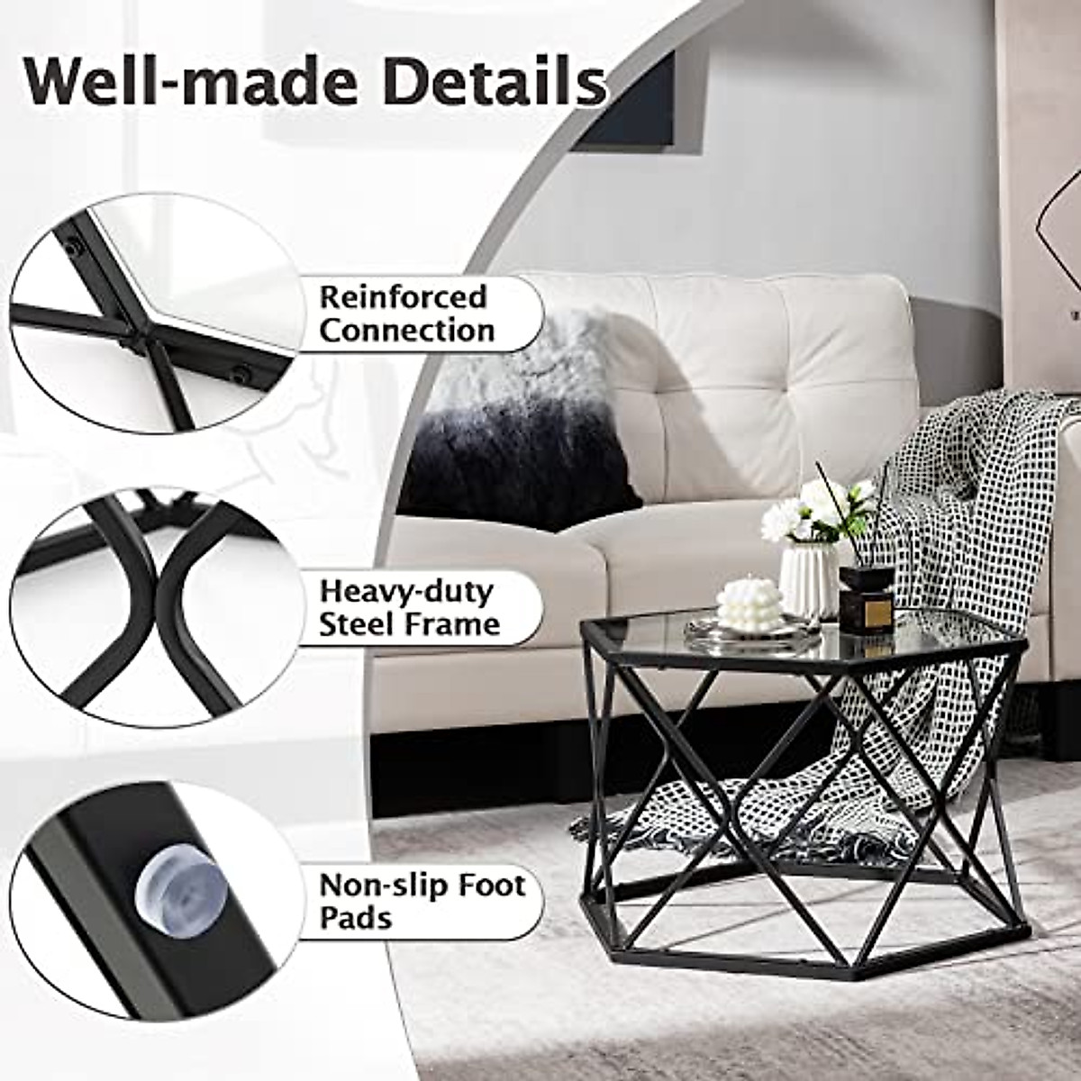 Giantex Hexagonal Glass Coffee Table, End Table w/Tempered Glass Top & Sturdy Metal Legs, Modern Center Table, Geometric Small Glass Table for Living Room, Reception Room, Black