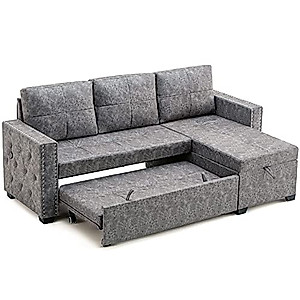 GLORHOME L Shape Storage Bed Pull Out Sleeper Sectional Couch with Upholstered with Nail Head Trim, 3-Seater Sofa for Living Room Furniture Set, Gray