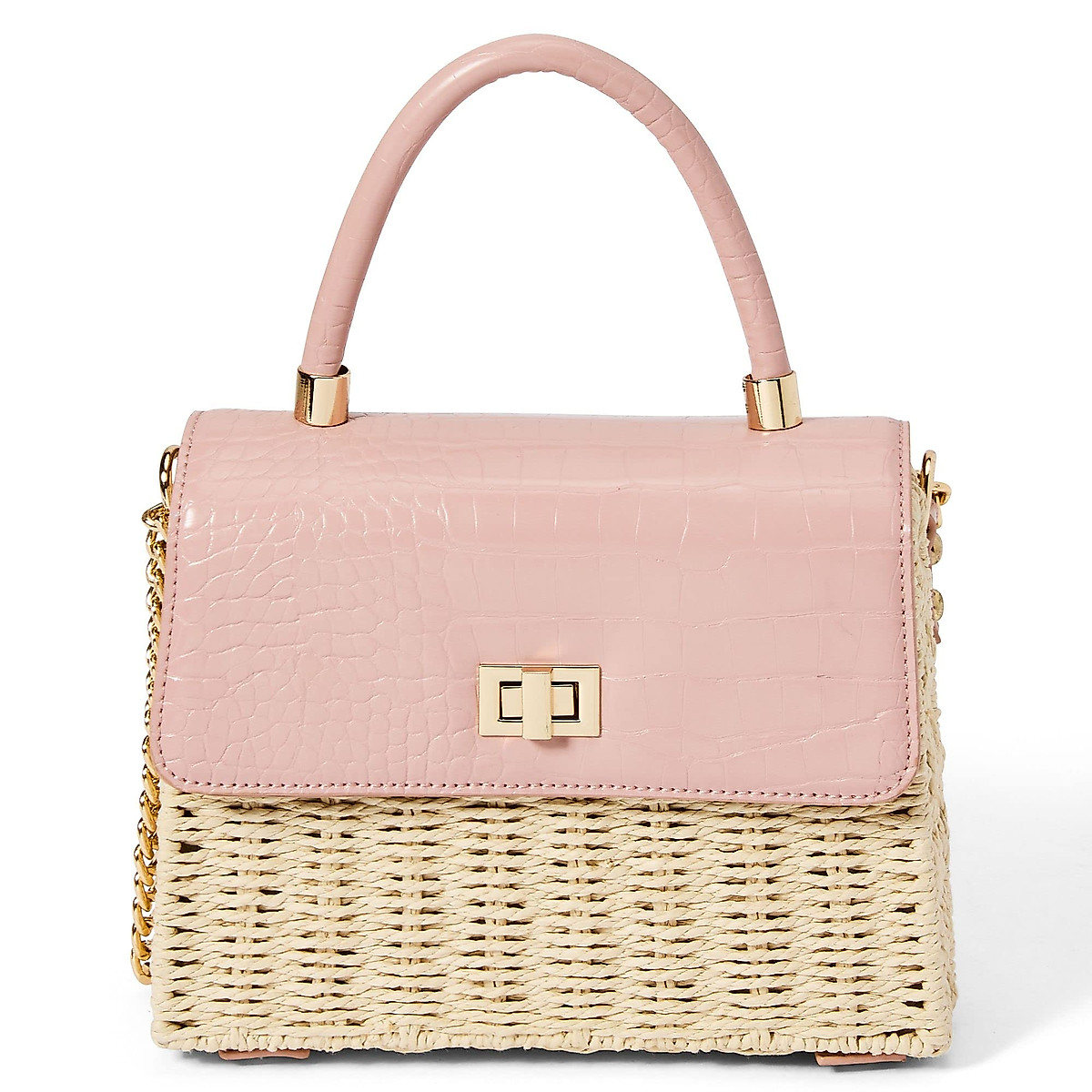 Like Dreams Women Hand-woven Straw Crossbody Faux Croc Vegan Leather Upper Floral Inner Summer Crossbody (Blush)