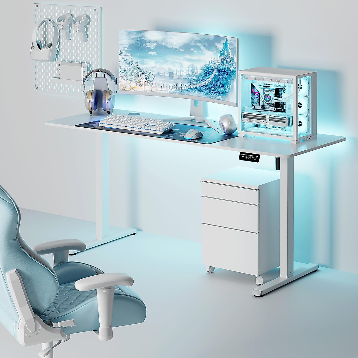 Shintenchi Electric Standing Desk, 63 x 24 Inch Height Adjustable Sit Stand Desk Morder Home Office Stand Up Desk Computer Work Station with Splice Board, (White Frame + White Top)