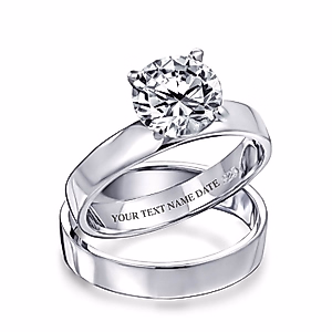 Personalize Classic Simple 2CT Cubic Zirconia Round Solitaire Wide Band AAA CZ Anniversary Engagement Wedding Ring Set For Women .925 Sterling Silver Custom Engraved