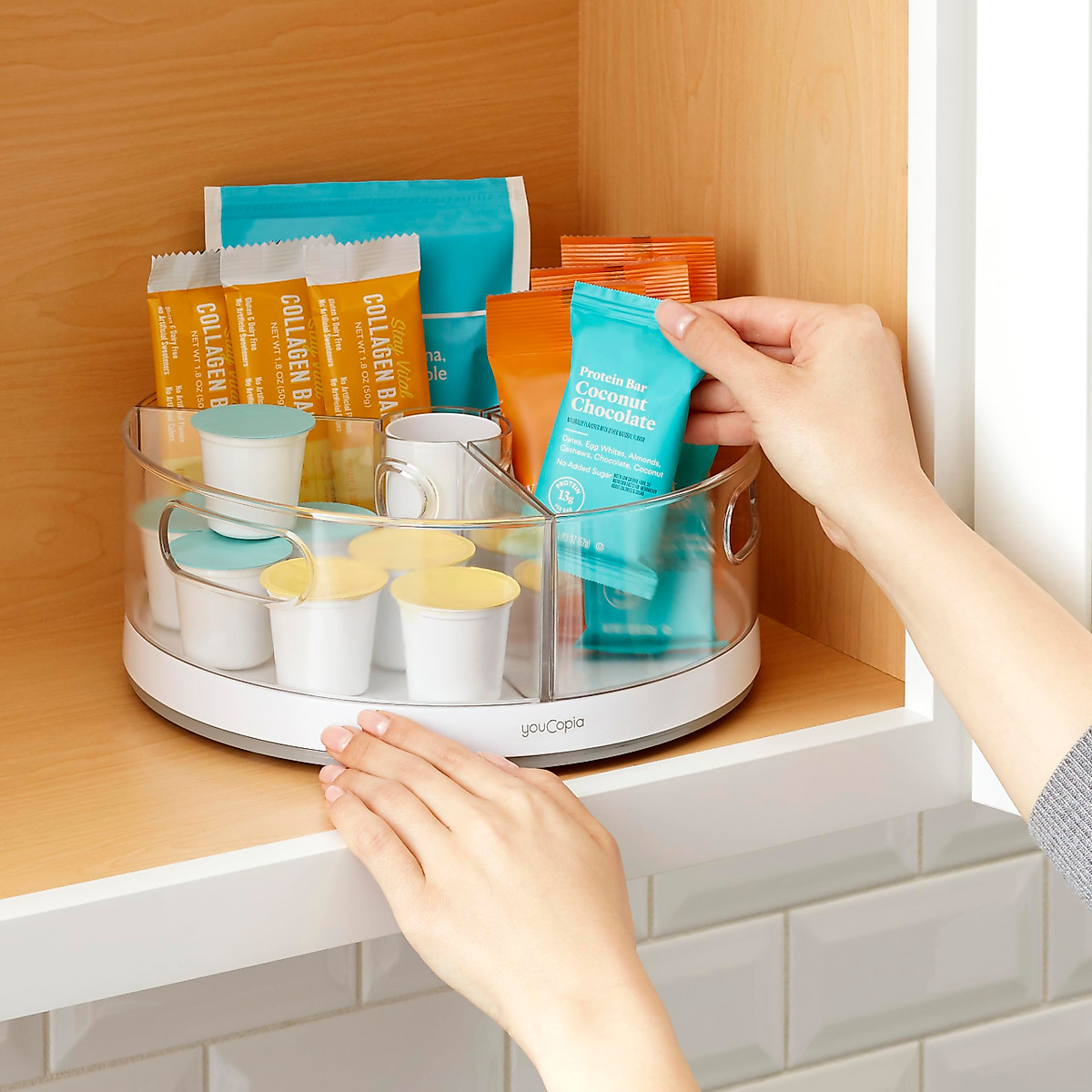 YouCopia Crazy Susan Turntable, Divided Lazy Susan Organizer with 3 Clear Bins for Cabinet and Pantry Storage