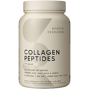 Sports Research Collagen Peptides - Hydrolyzed Type 1 & 3 Collagen Powder Protein Supplement for Healthy Skin, Nails, & Joints - Easy Mixing Vital Nutrients & Proteins, Collagen for Women & Men