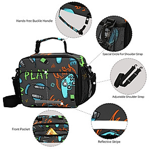 Gamepad Joysticks Headphones Lunch Bag for Women Men Game Theme Insulated Cooler Tote Bag with Adjustable Shoulder Strap Large Capacity Reusable Leakproof Picnic Lunch Box Outdoor for Adult Office