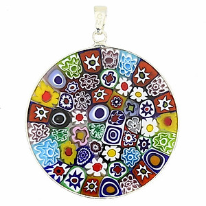 Glass Of Venice Murano Glass Millefiori Pendant Necklace Multicolor in Silver Frame 1-1/2 inch For Women Handmade In Venice, Italy