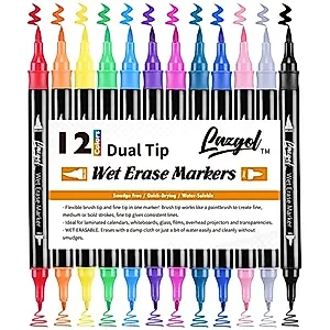 Wet Erase Markers Dual Tip, Lazgol 12 Assorted Colors, Dual Tip Brush & Ultra Fine Overhead Transparency Smudge Free Markers for Dry Erase Whiteboard, Refrigerator Calendars, Glass, Films and Any Kind of Wet Erase Surface, Erase with Water