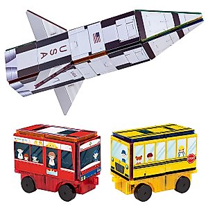 PicassoTiles Magnet Building Blocks STEM Learning Construction Toy Set Early Education Kit 3-in-1 Rocket, School Bus, Train Theme Stick-On Puzzle Pretend Play Magnetic Tiles Kids Building Block Toys