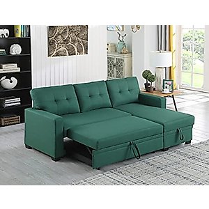L-Shaped 3-Seaters Corner Sectional Sofa W/Pull Out Sleeper Couch Bed and Reversible Storage Chaise for Home Office Apartment Living Room, Modern Linen Upholstered Sofa & Couch Convertible Sofabed