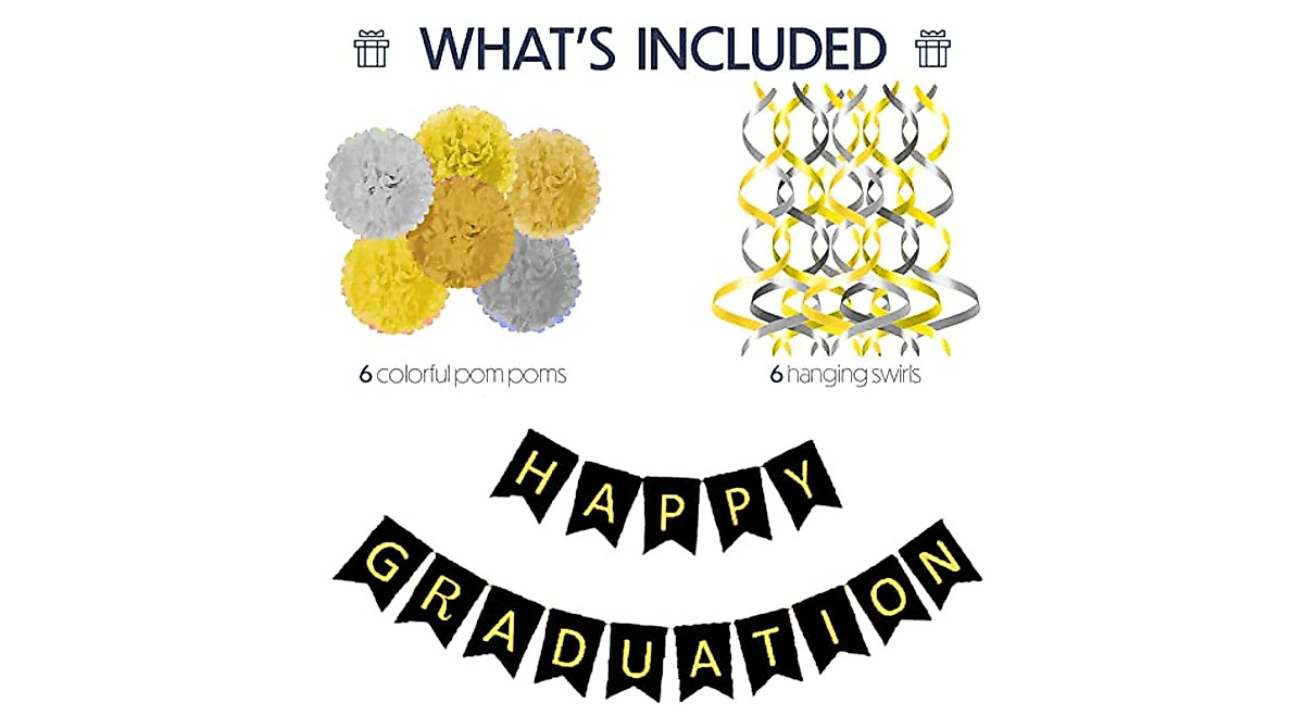 Graduation Party Decorations: Happy Banner, Pom Poms & Swirls