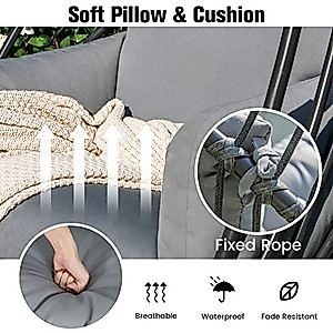 Giantex Egg Chair Hammock Stand - Hanging Swing with Stand, Folding Swinging Chair with Soft Cushion & Pillow, Wicker Rattan Hanging Chair for Bedroom,Garden, Patio Foldable Hammock Chair (Grey)