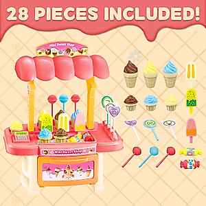 deAO Ice Cream Toy Stand Play Set for Boys& Girls, Educational Ice Cream Counter Deluxe Playset, Desserts Cake Ice Cream and Candy Pretend Play Food Sets, Birthday for Kids Aged 3-12