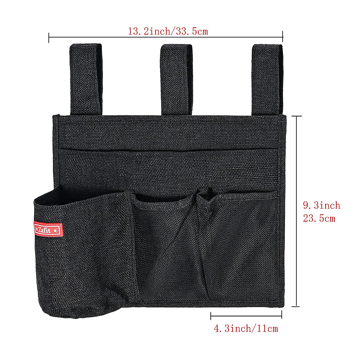 Zafit Linen Bedside Caddy, Bedside Storage Organizer for Hospital Beds, College Dorm Rooms or Baby Bed (4 Pockets-Black)