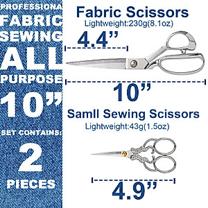 10 Inch Sewing Scissors For Fabric Cutting,Zinc Alloy Handle,Sharp Stainless Steel Blades,Fabric Scissors For Dressmakers Craft Decorate(SILVER)