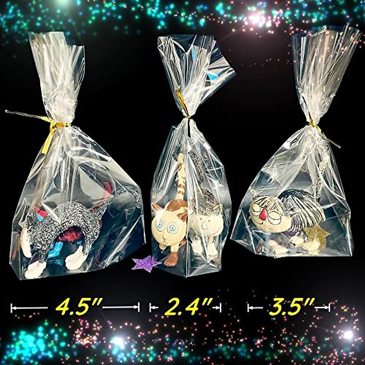 PigPotParty 6"x 9", 100Pcs Bottom Gusset Bags, Clear Plastic Cellophane Treat Goodie Bags with Twist Ties for Party Favor, Candy, Cookie, Popcorn, Dessert, Bakery, Small Gift Wrapping(No Side Gusset)