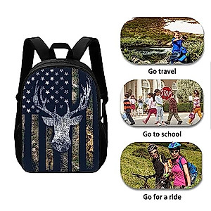 Mumeson Cool Deer and America Flag Print Kids Backpack Schoolbag Soft Cushion Shoulder Straps Rucksack Daypack Durable Zipper Closure Bookbag for Boys Middle School