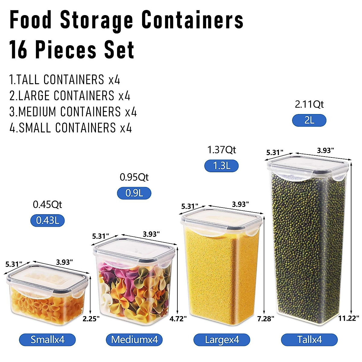Airtight Food Storage Containers Set-Kitchen and Pantry Organization 16 Pack, BPA-Free Plastic Containers with Lids for Dry Food, Cereal, Flour & Sugar, Include Labels, Marker & Spoon Set