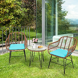 HAPPYGRILL 3 PCS Patio Bistro Set PE Rattan Wicker Armchairs and Coffee Table Set with Cushions for Garden Backyard Balcony Poolside