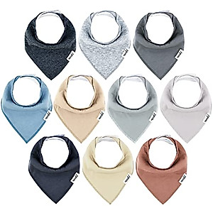 Meerdif 100% Organic Cotton Neutral Solid 10-Pack Baby Drool Bandana Bibs for Boys and Girls, Unisex Plain Colors for Teething and Drooling.