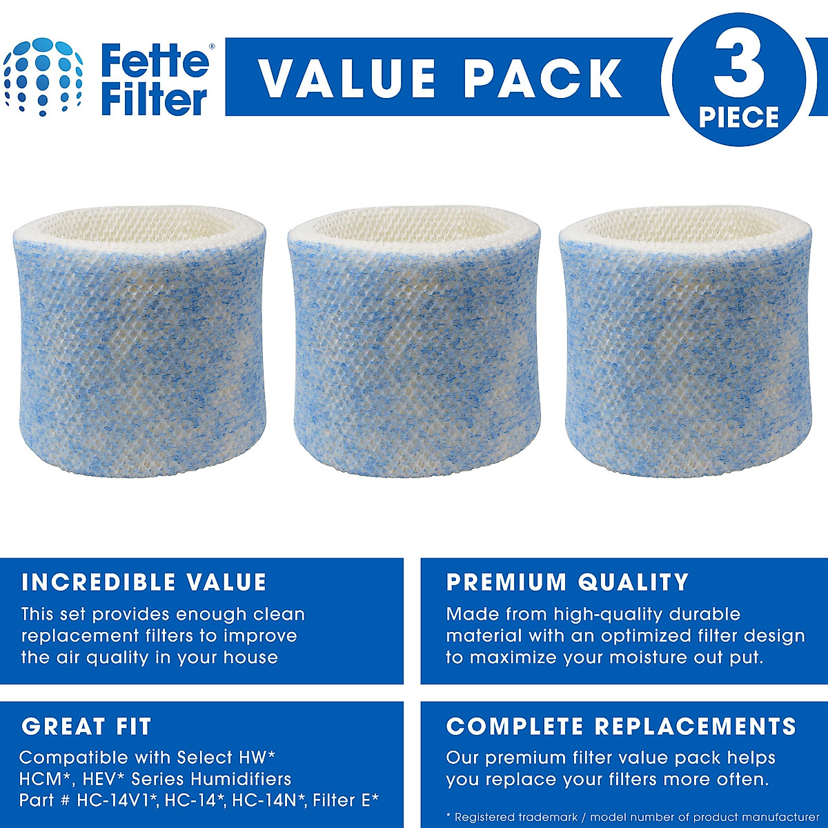 Fette Filter - Upgraded Blue Mesh Wicking Filters Compatible with Honeywell Filter E HC-14 for HCM-6009 HCM-6011 HEV680 HEV685 and Other Series Humidifier Part # HC14PF1 HC14PF3 HC14 Filter E 3-Pack