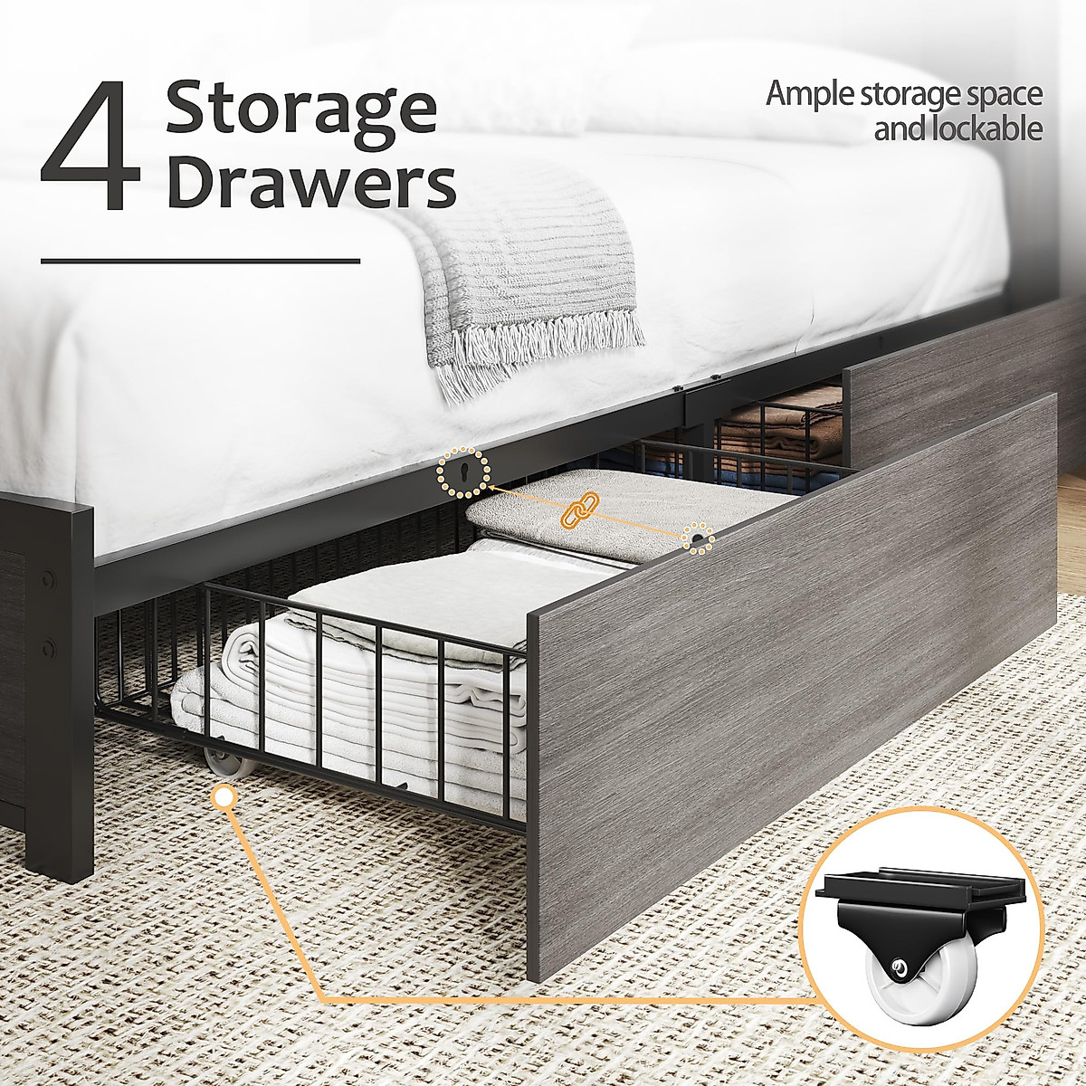 HISOFT Queen Bed Frame with Storage Headboard, Wood Bed Frame with High Storage Bookcase, 4 Storage Drawers & LED & Charging Station,No Box Spring Needed/Noise Free/All-Metal Support, Rustic Grey