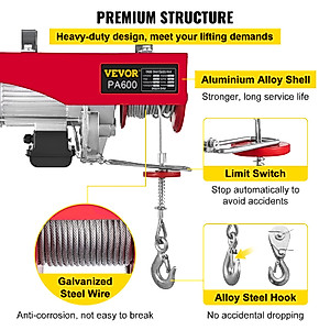 VEVOR Electric Hoist, 1320LBS Electric Winch, Steel Electric Lift, 110V Electric Hoist with Wireless Remote Control