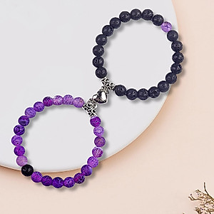 Matching Couple Bracelets Healing Crystal Bracelets for Couples Matching Heart Bracelet for Lover Him & Her Boyfriend Girlfriend Valentine's Day Gifts (Purple Weathered Agate+ Black Lava Rock Stone)