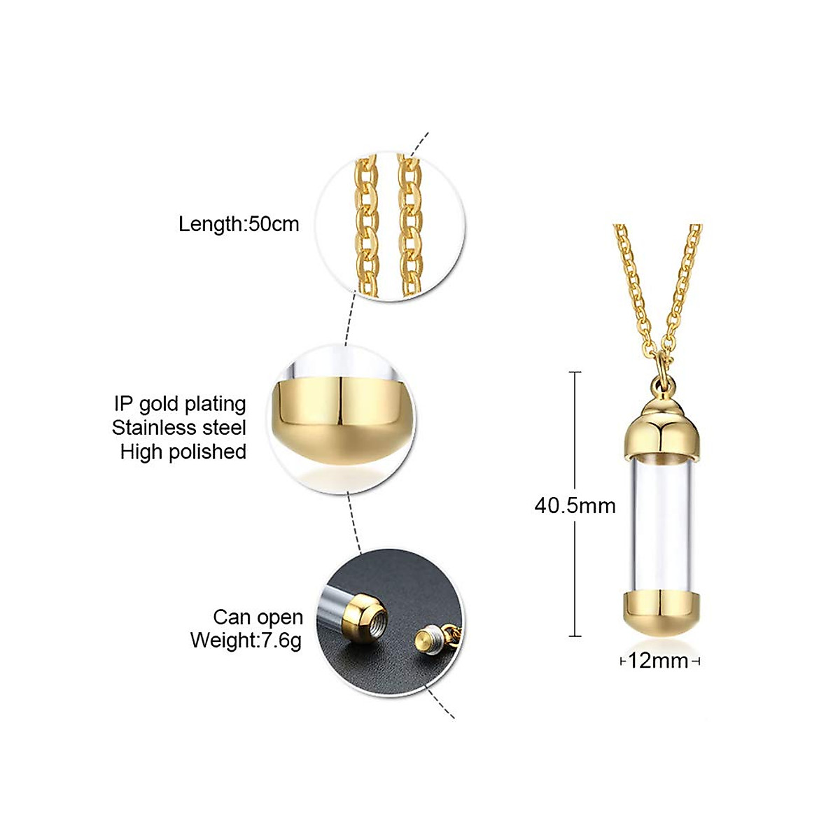 Mealguet Jewlery Pack of 2 Stainless Steel Glass Cremation Urn Pendant, Ashes Holder Memorial Pendant Necklace with Chain, Keepsake Jewelry,Gold Plated