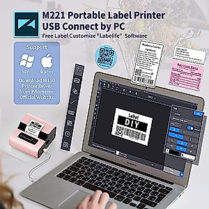 Phomemo Label Maker, Pink M221 Upgrade Barcode Label Maker, Portable Bluetooth Thermal Inkless Label Printer for Phomemo Labels, Small Business, Clothing, Address, Mailing, Support Phone& PC
