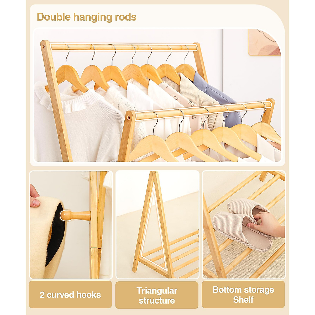 Cozivolife Bamboo Clothes Rack with Storage Shelf, Portable Garment Rack Clothing Racks for Hanging Clothes, Foldable Wardrobe Storage Rack for Entryway and Bed Room (Natural)