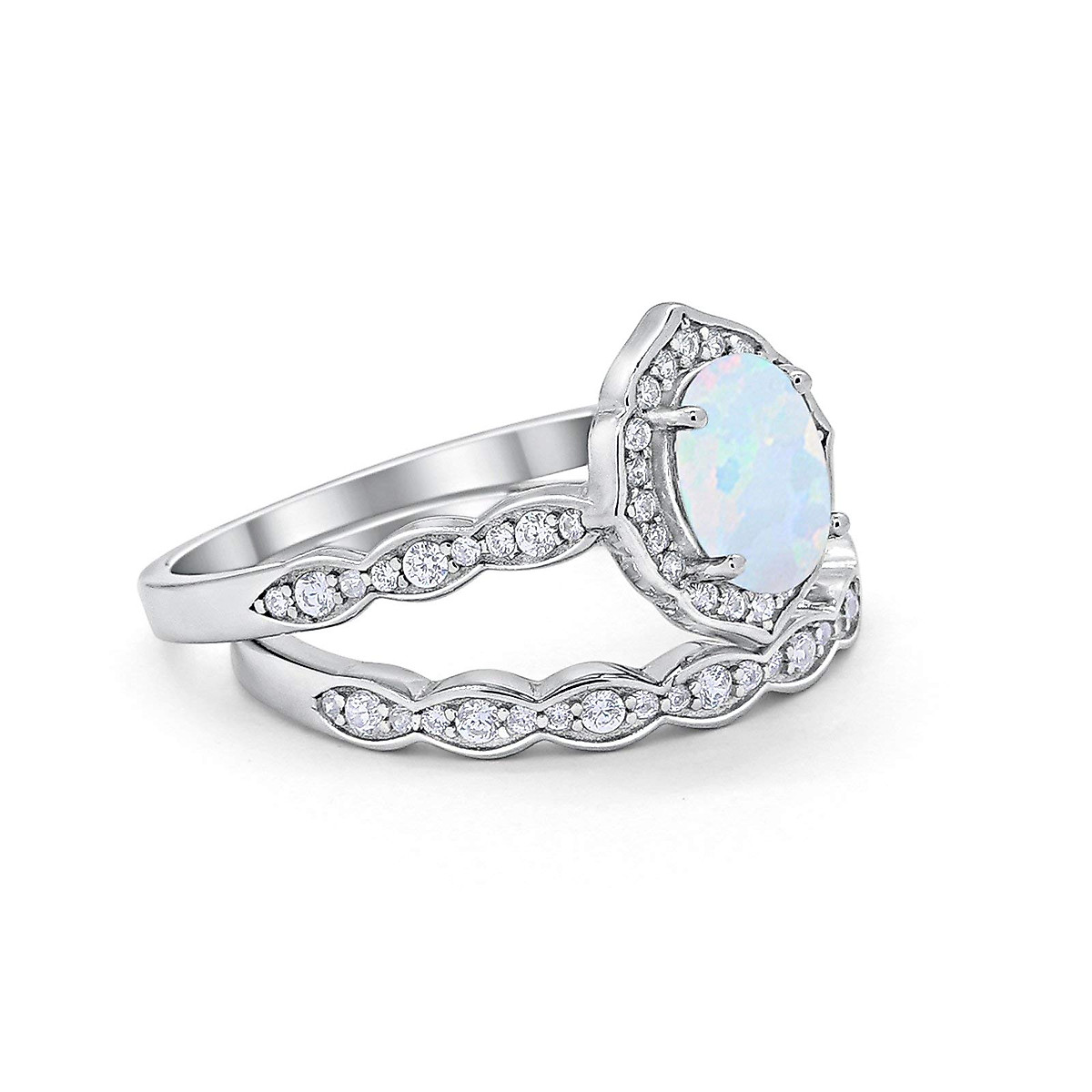 Blue Apple Co. Two Piece Art Deco Vintage Style Wedding Engagement Bridal Set Ring Band Oval Round Lab White Opal Cubic Zirconia 925 Sterling Silver Size-9